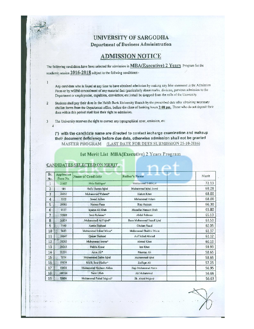 University of Sargodha (UoS) - First Merit List 2016 - MBA Executive 2 ...
